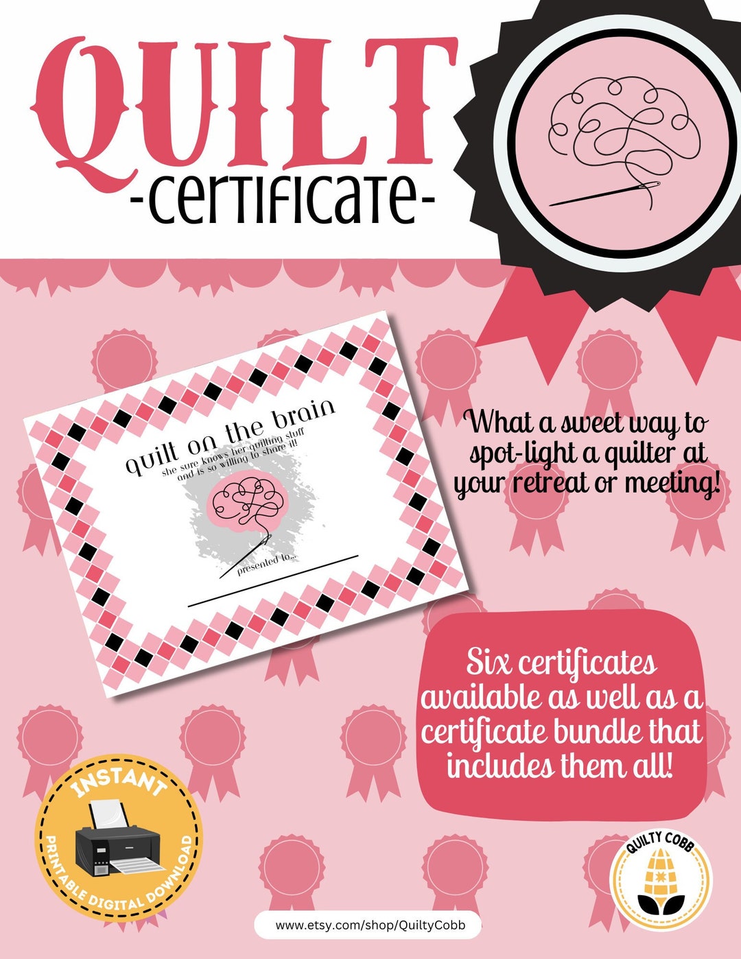 QUILT CERTIFICATE, Award for Retreat, Guild Meeting, Quilt on the Brain ...