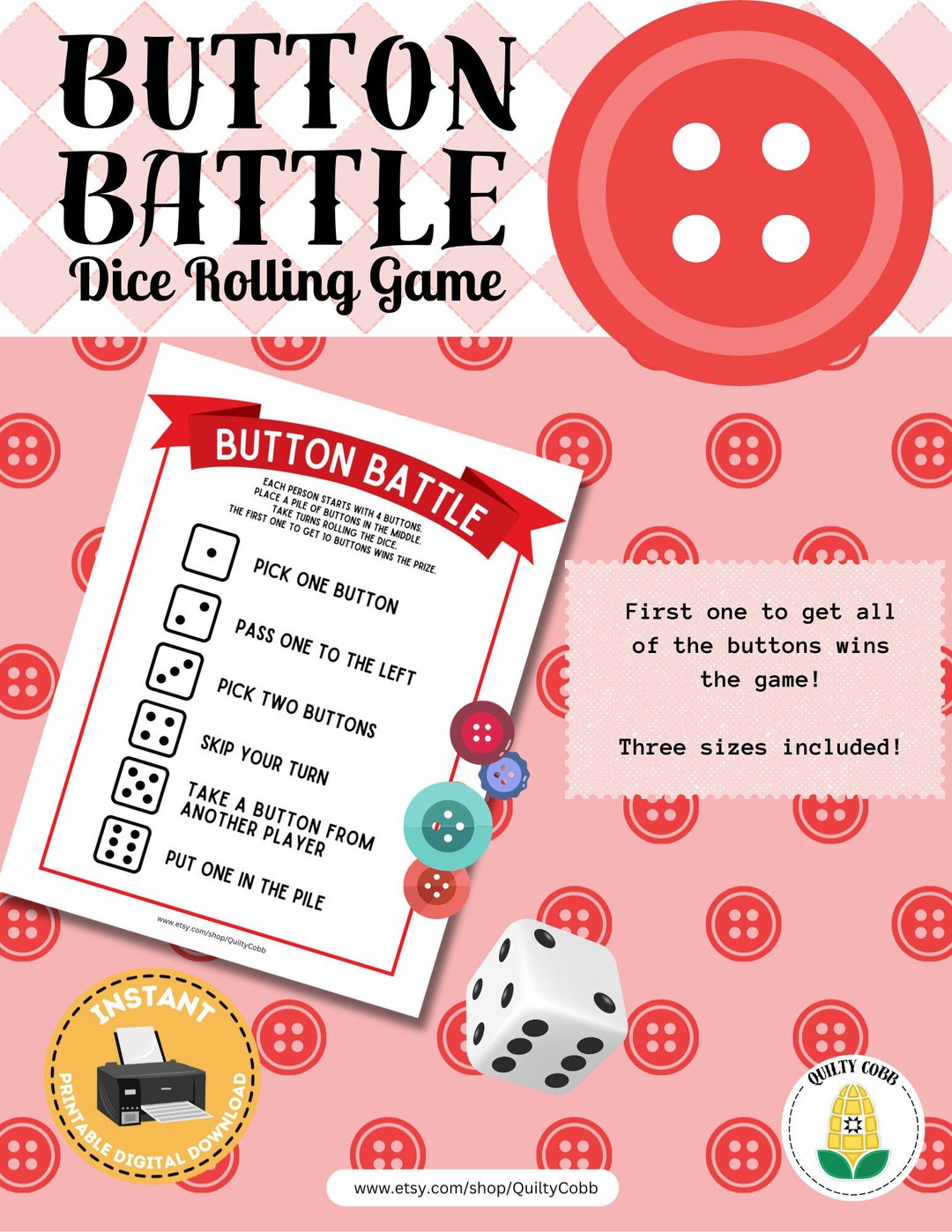 Button Battle, Quilt Game, Instant Digital Download, Printable Game ...