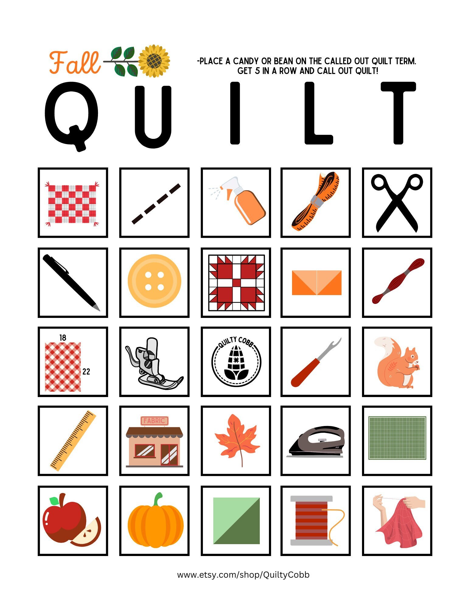 QUILT GAMES, FALL Quilt Bingo, Instant Digital Download, Printable Game ...