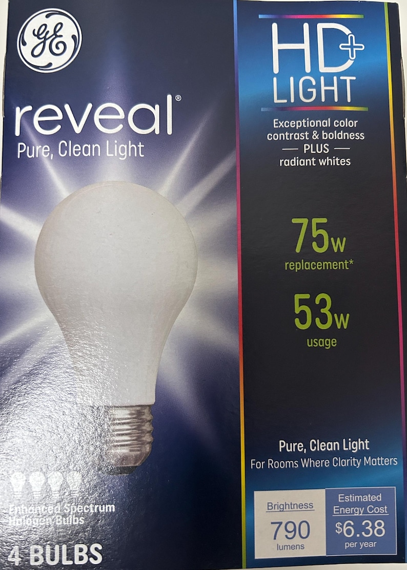 GE Reveal HD 75W Equivalent Light Bulbs: Pure White, 4-pack - Etsy