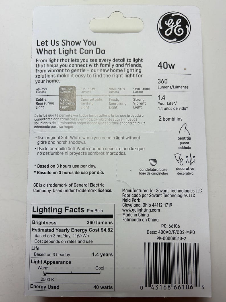 GE 40W Soft White Candelabra Bulbs: E12 Intermediate Base, 360 Lumens ...