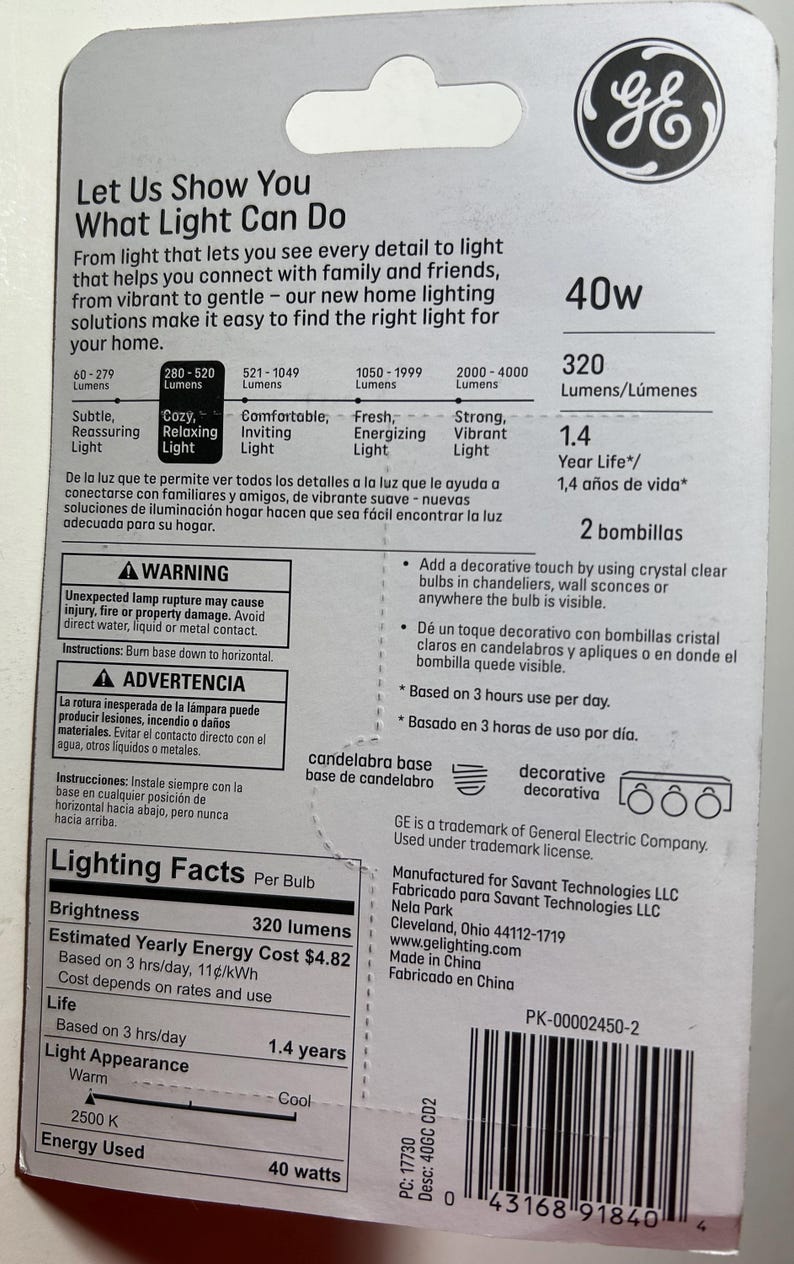 GE Crystal Clear Globe Light Bulbs: 40W E12 Candelabra Base, Dimmable ...