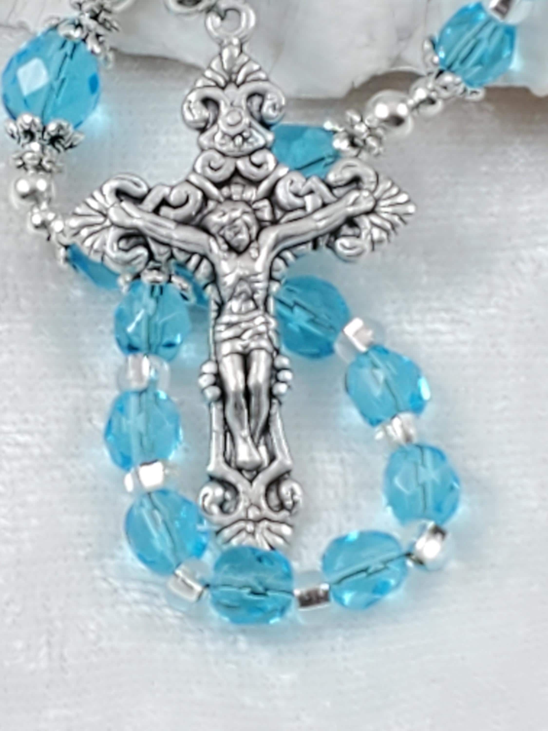 Immaculate Heart / Crown of Thorns Color Center Rosary Lt. Aqua Czech ...