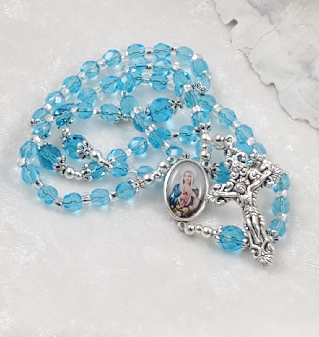 Immaculate Heart / Crown of Thorns Color Center Rosary Lt. Aqua Czech ...
