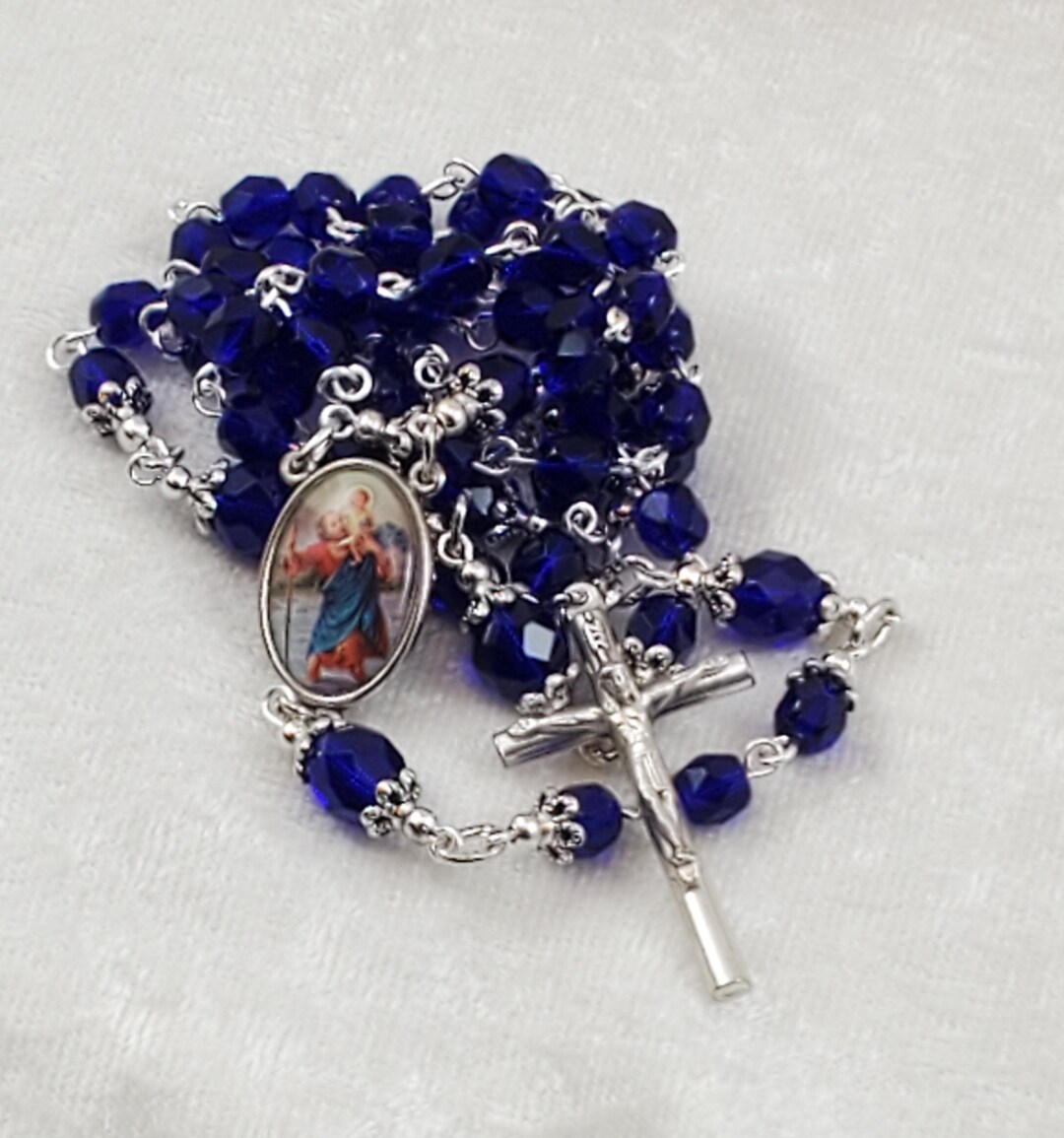St. Christopher Crown of Thorns Color Center Rosary Cobalt Blue Czech ...