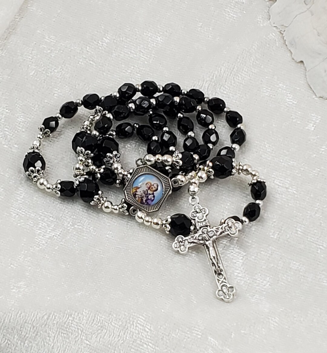 St. Joseph / Sacred Heart Color Center Jet Black Czech Fire Polished ...