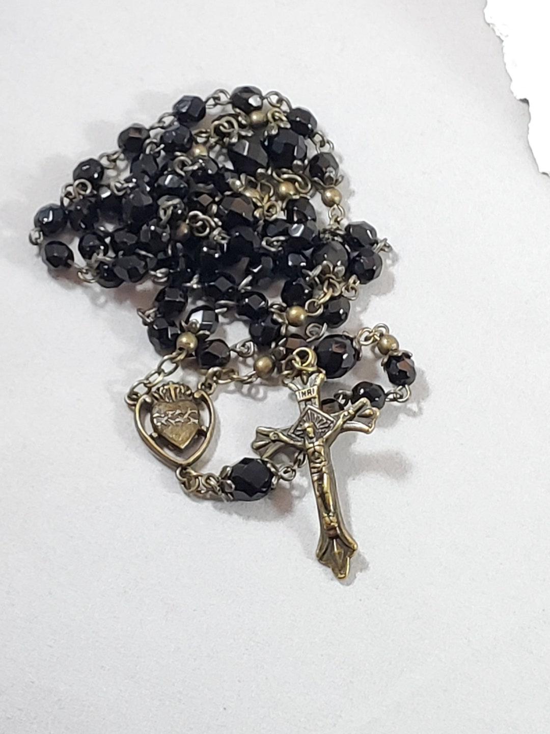 Sacred Heart Rosary Antique Brass Jet Black Czech Fire Polished ...