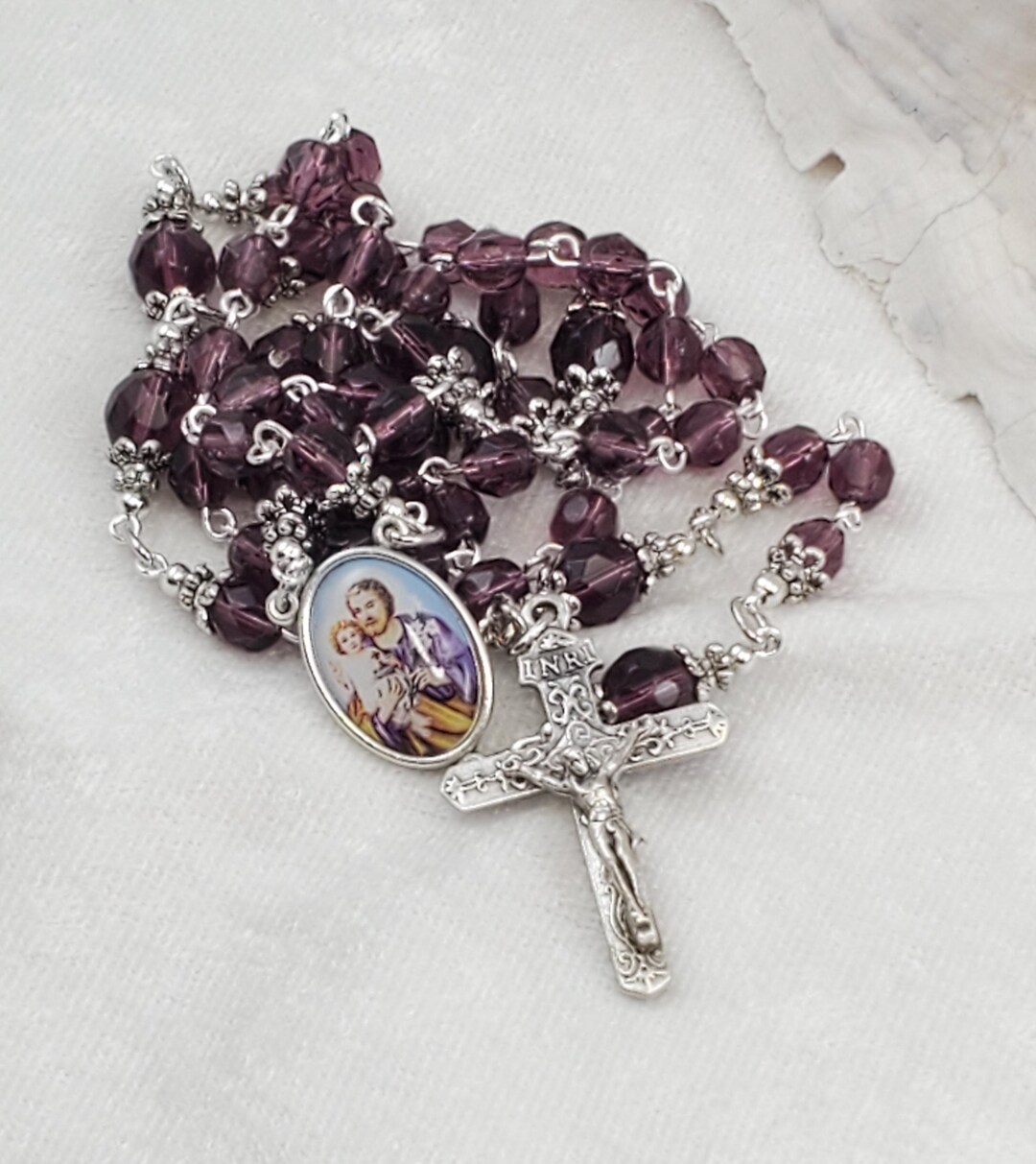 St. Joseph / Crown of Thorns Color Center Rosary Amethyst Czech Fire ...