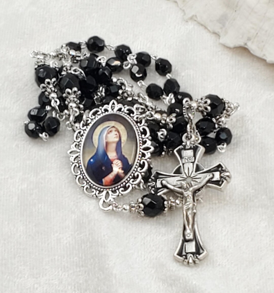 Ornate Sorrowful Mother Color Center Rosary Jet Black Czech Fire ...