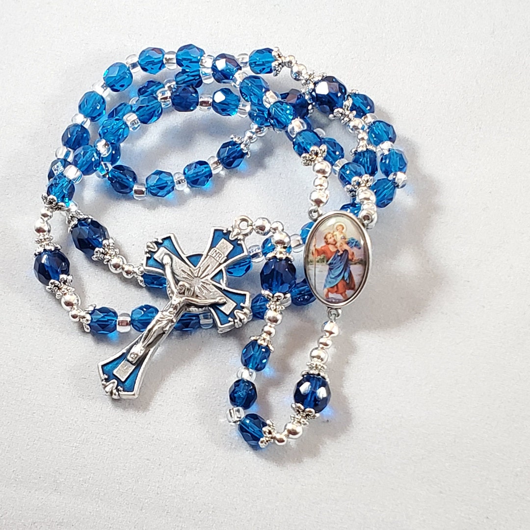 St. Christopher / Crown of Thorns Color Center Rosary Dark Aqua Czech ...