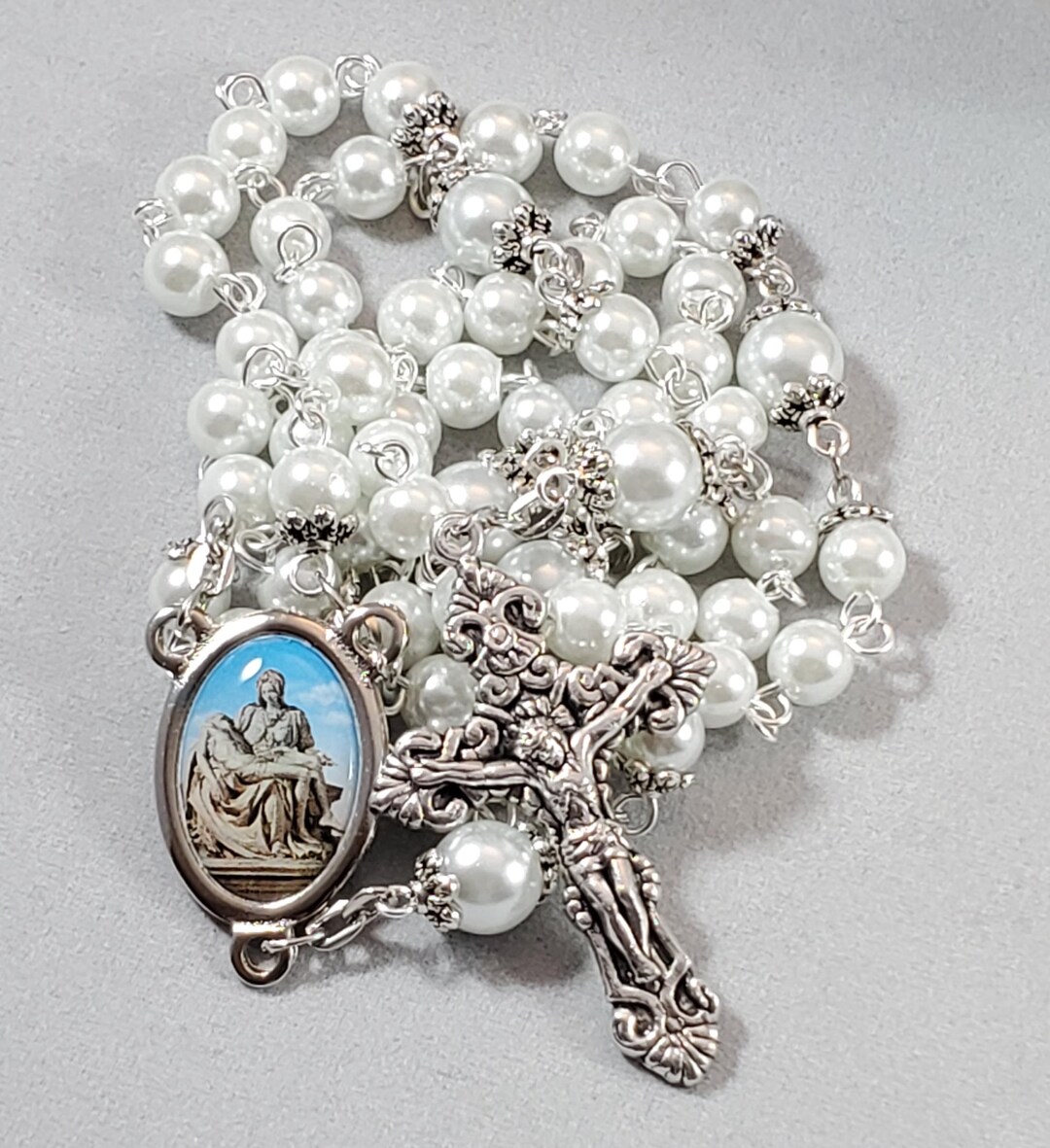 Pieta Color Center Rosary White Czech Glass Pearls Filigree Crucifix ...