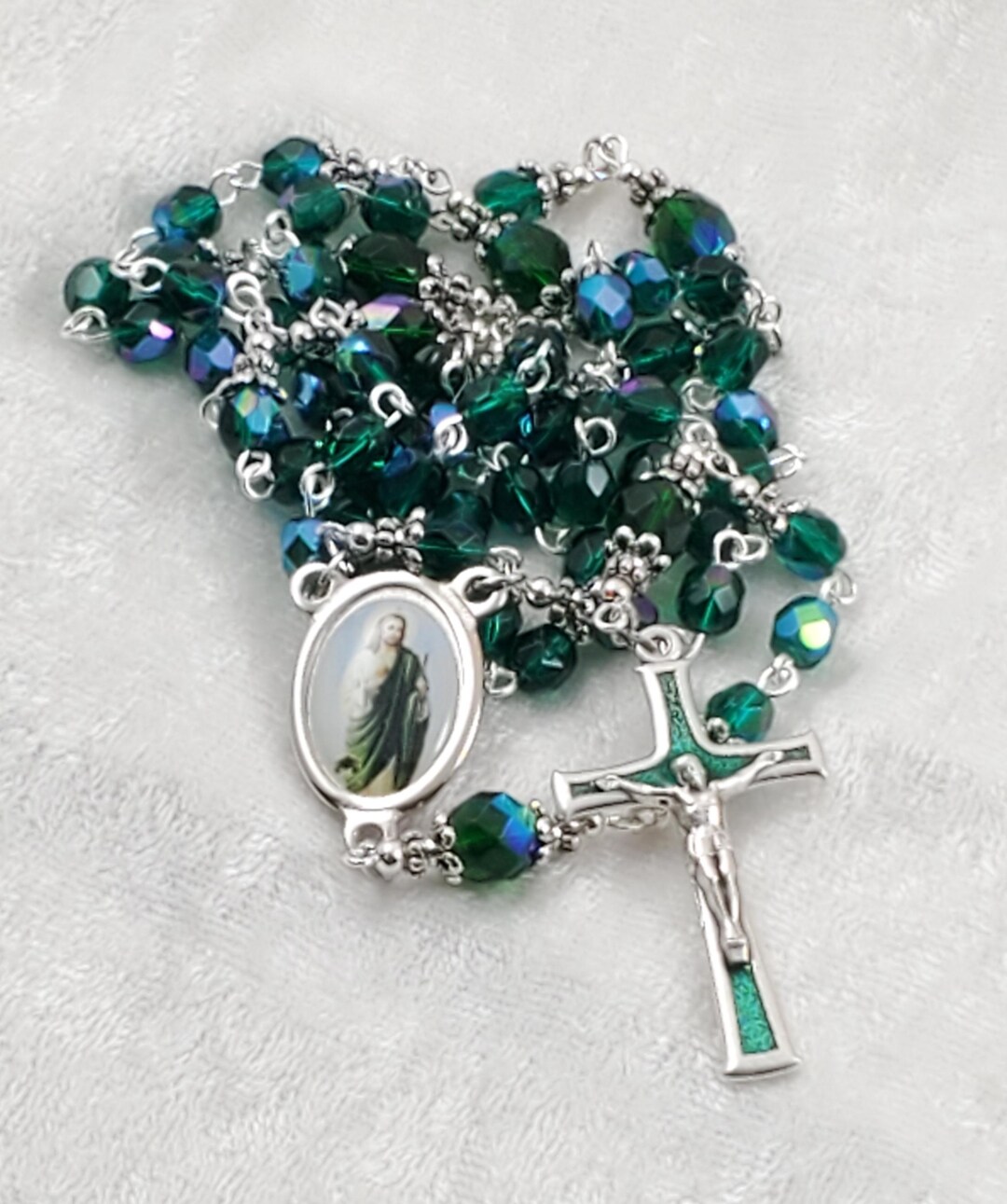 St. Jude Color Center Rosary Emerald AB Czech Fire Polished Crystals ...