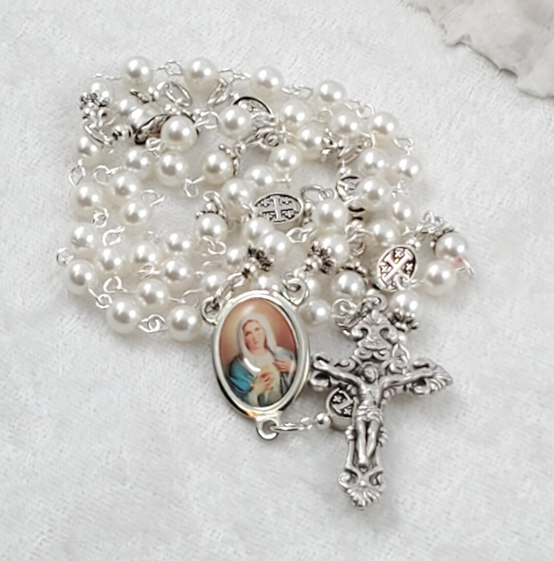 Immaculate Heart Color Center Rosary Beads White Czech Glass Pearl Aves ...