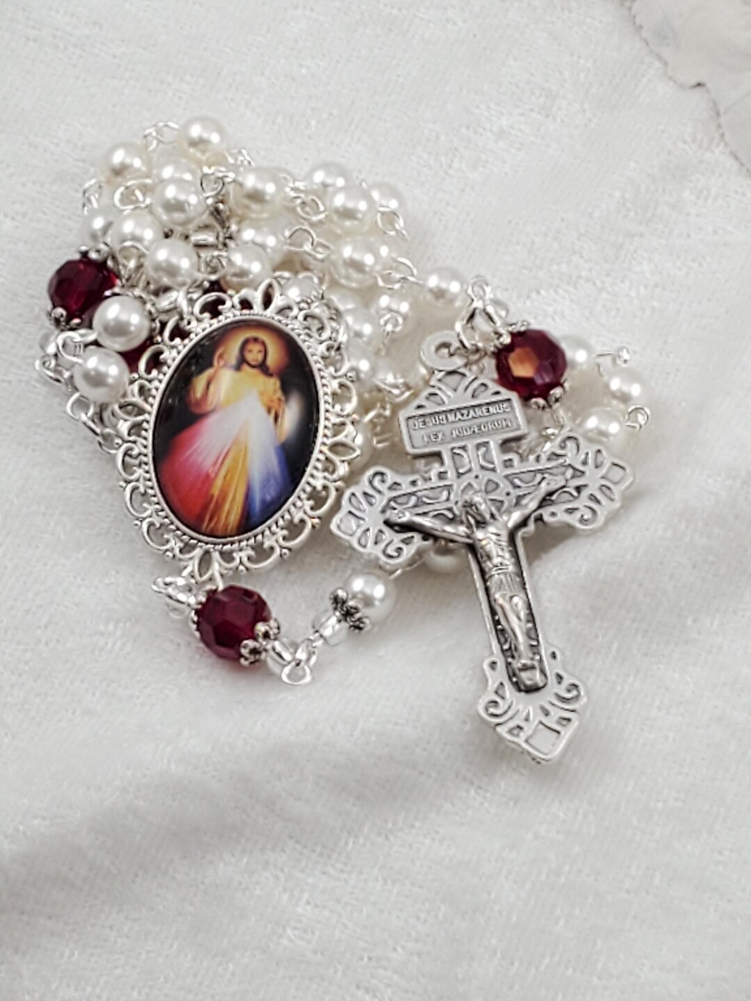 Ornate Divine Mercy Color Center Rosary Beads White Czech Pearl Aves ...