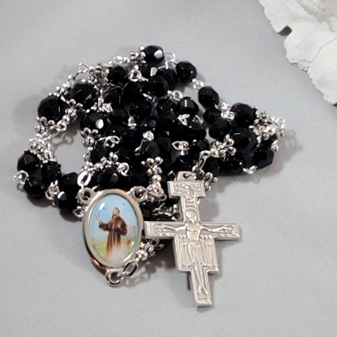 St. Francis Color Center Rosary Jet Black Czech Fire Polished Crystal ...