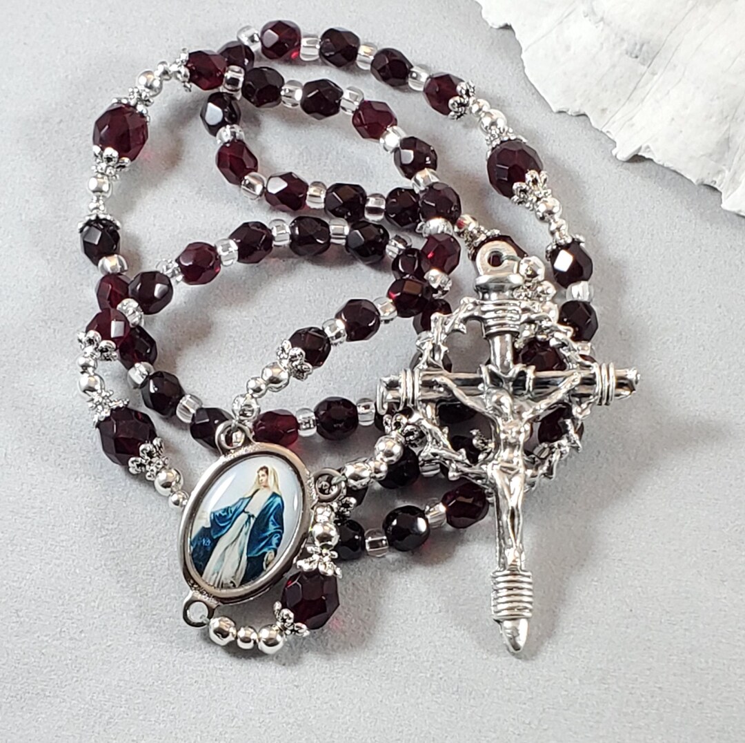 Lady of Sorrows Color Center Rosary Garnet Red Czech Fire Polished ...