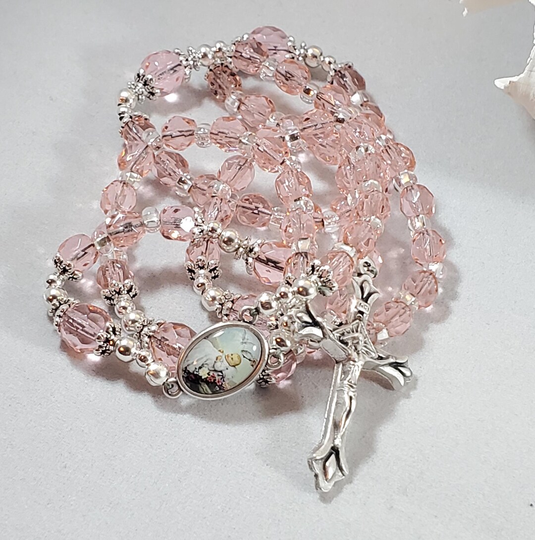 Baptism Christening Rosary Girl Pink Czech Fire Polished Crystals Clear ...