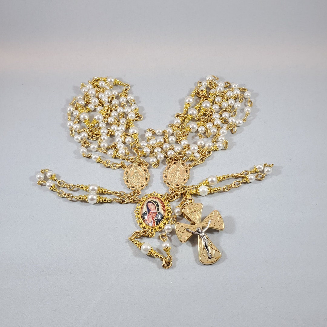 Wedding Lasso Rosary Lazo De Boda Gold Tone Scallop Lady of Guadalupe ...