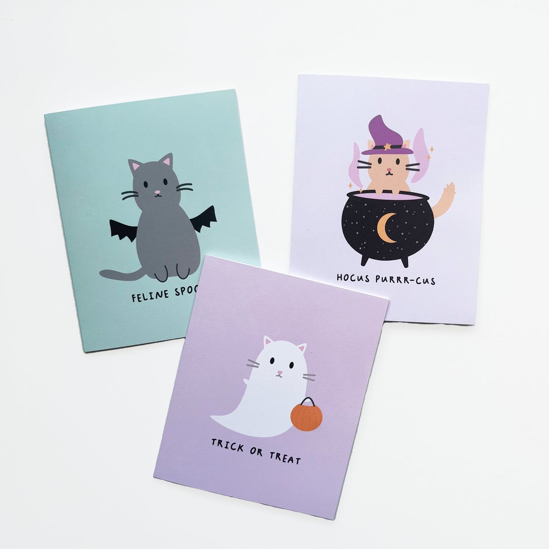 3 Pack Cat Halloween, Cat Halloween Cards, Halloween Card Set, Fall ...