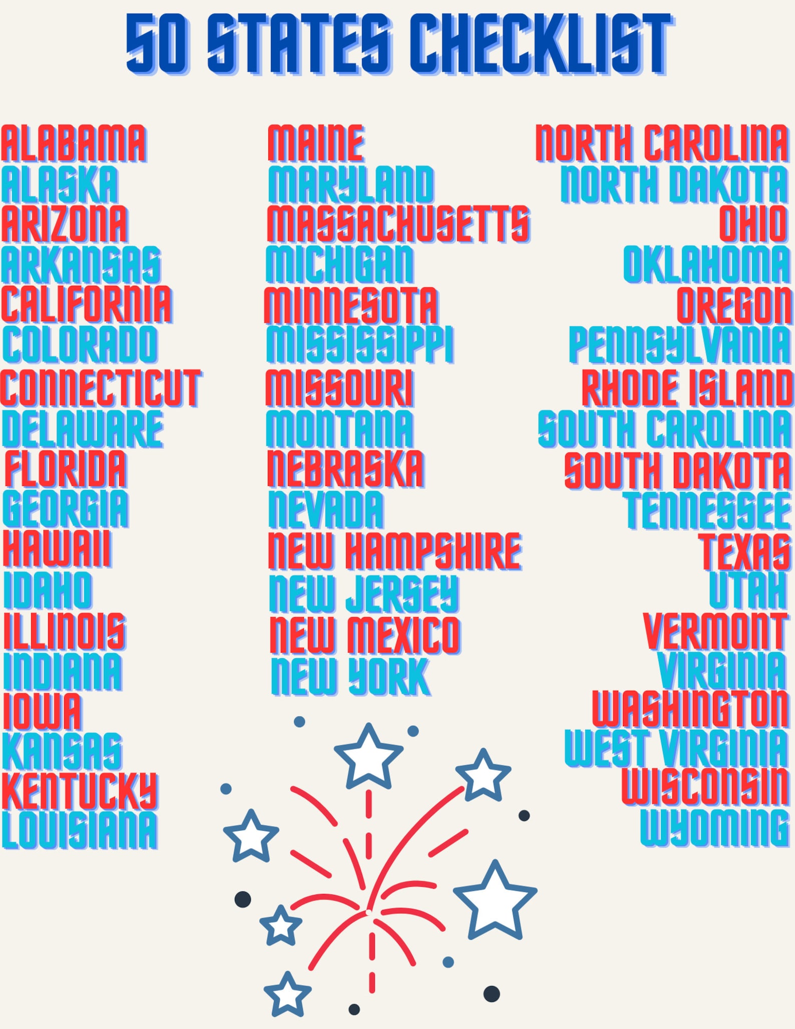50 States Checklist Digital List of US States Red White and - Etsy