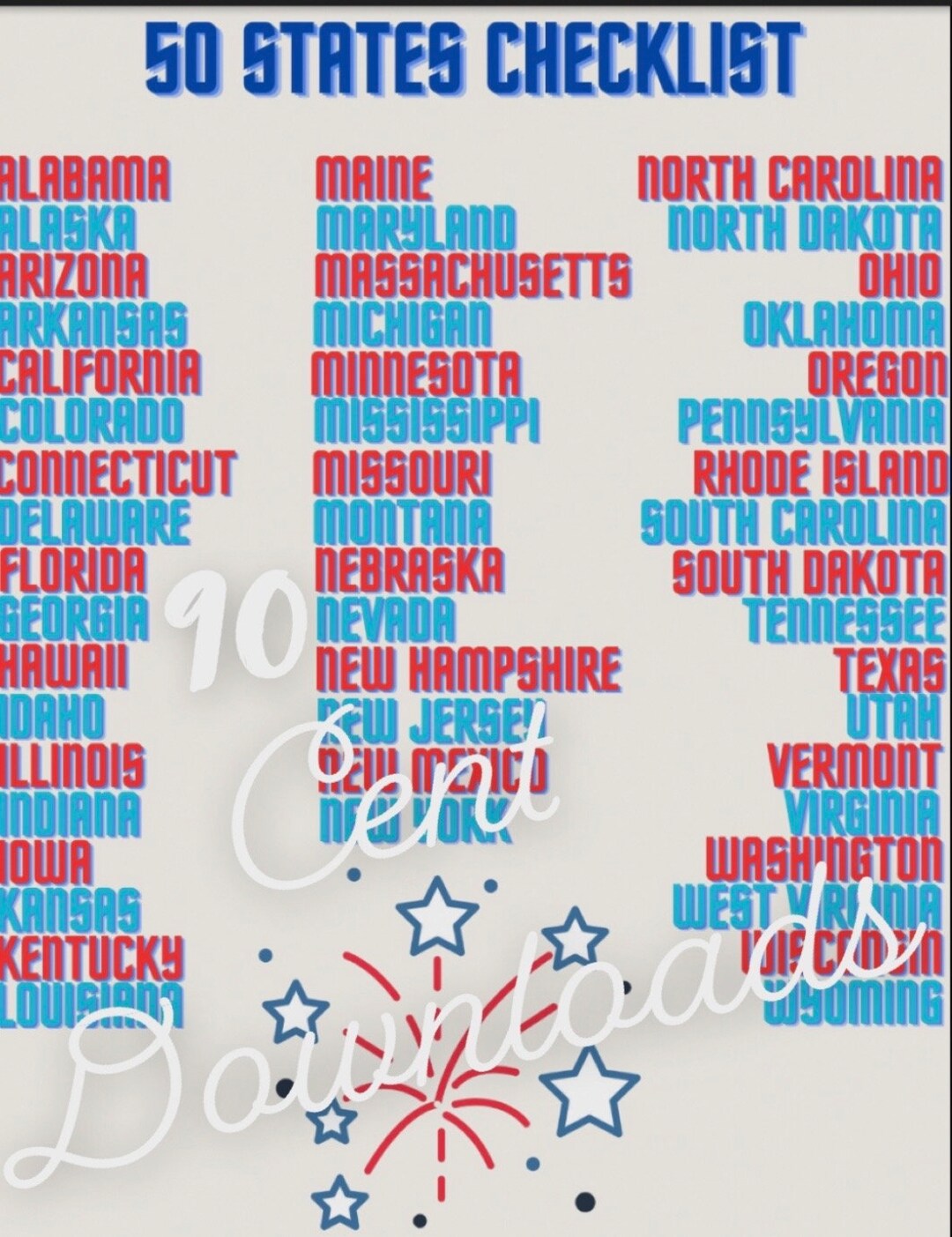 50 States Checklist Digital, List of US States, Red White and Blue, 50 ...