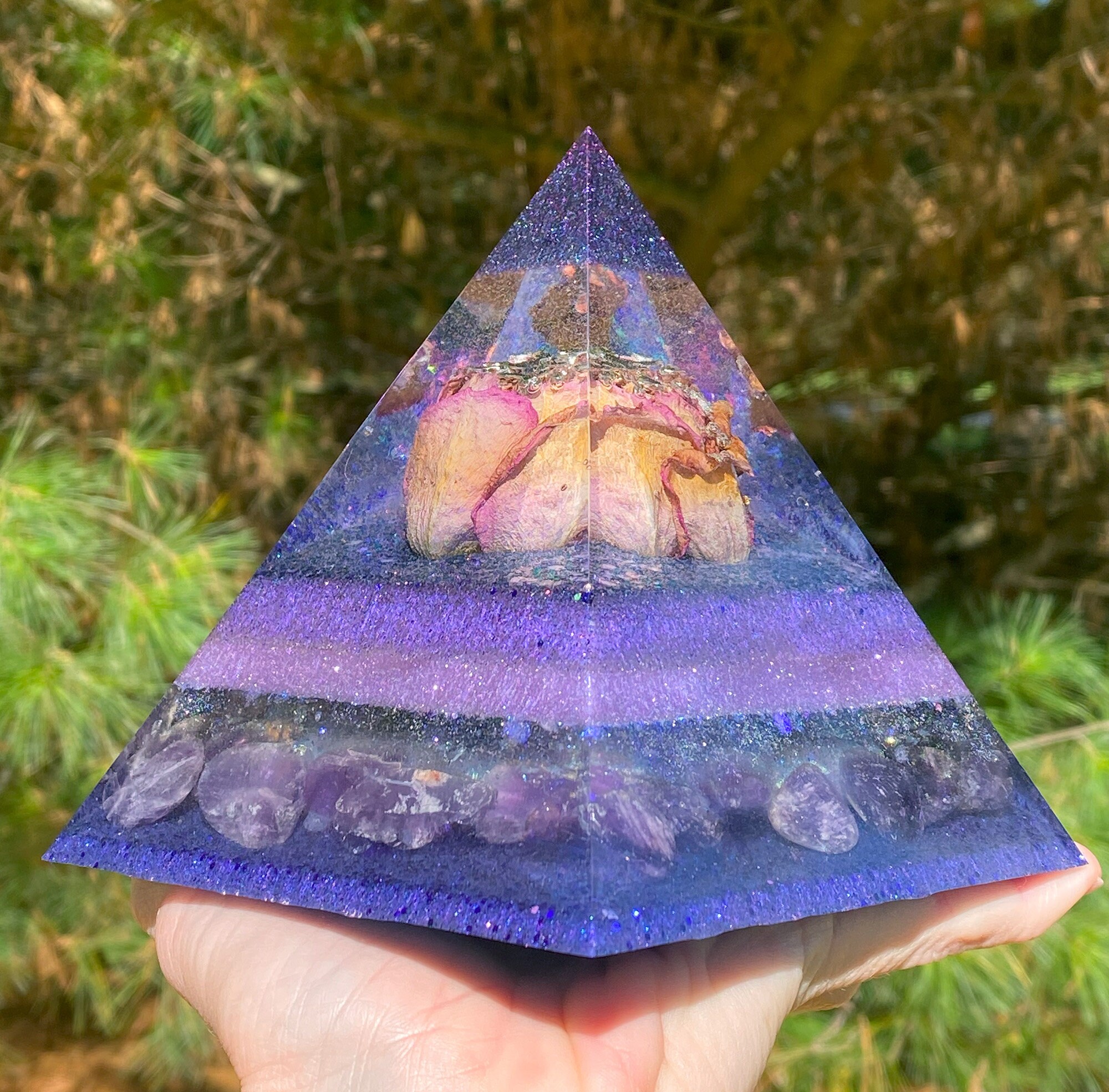 Giant Purple Resin Pyramid With Real Dried Rose and Amethyst - Etsy