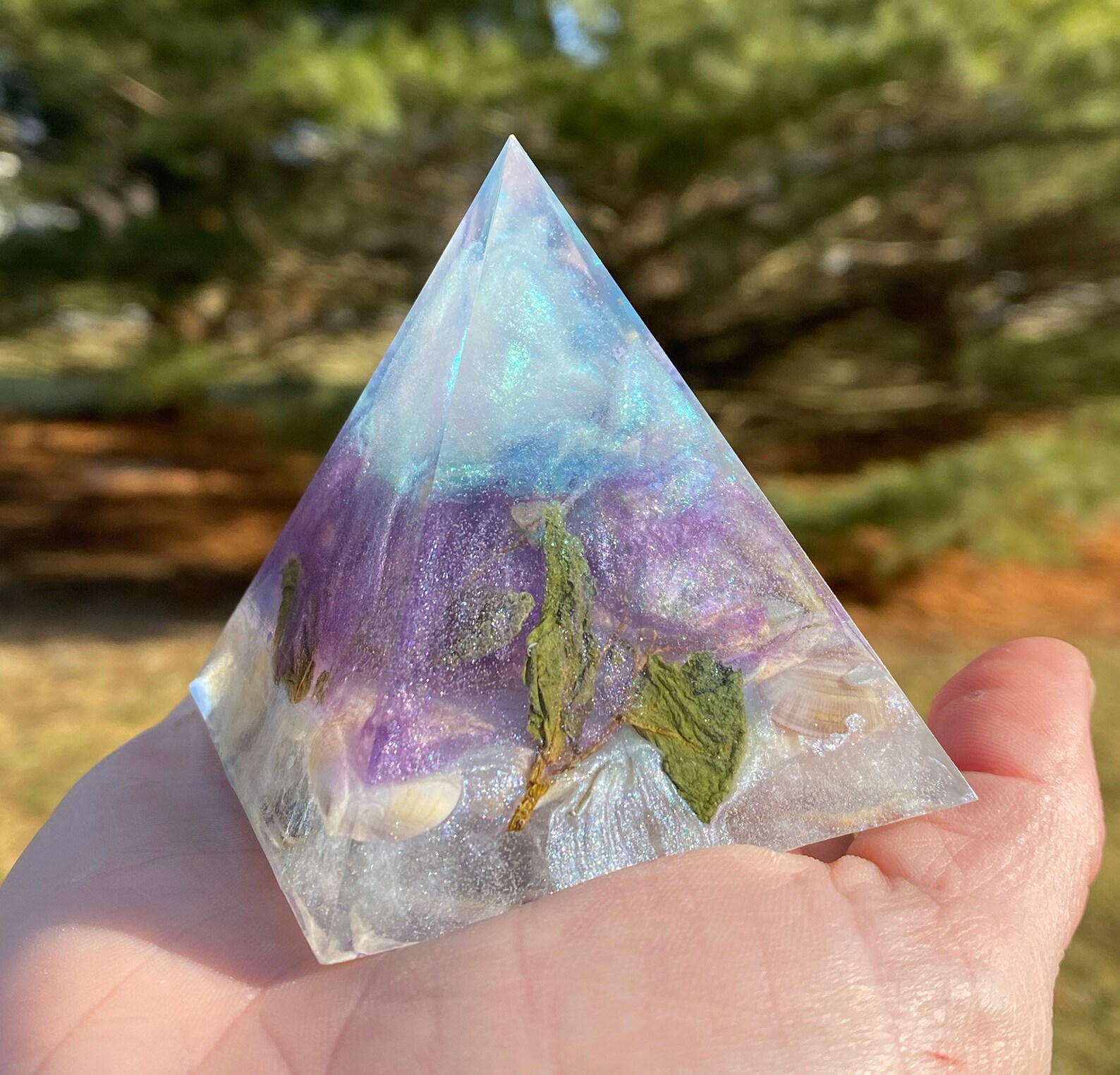 Resin Pyramid With Real Seashells and Real Flowers Pearly Pastel Blue ...