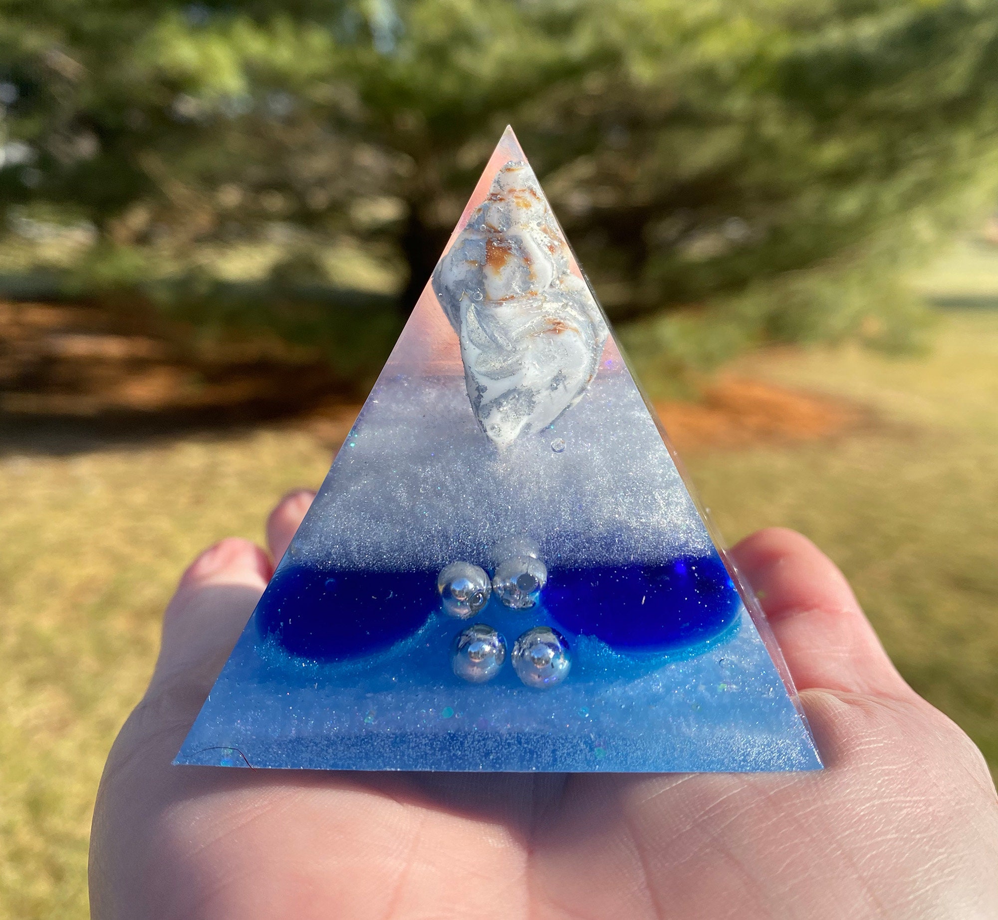 Seashell Pooping Silver Balls on Blue Clouds, Resin Pyramid - Etsy