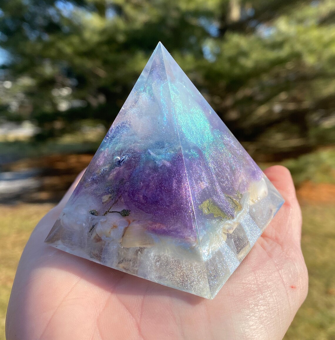 Resin Pyramid With Real Seashells and Real Flowers Pearly Pastel Blue ...
