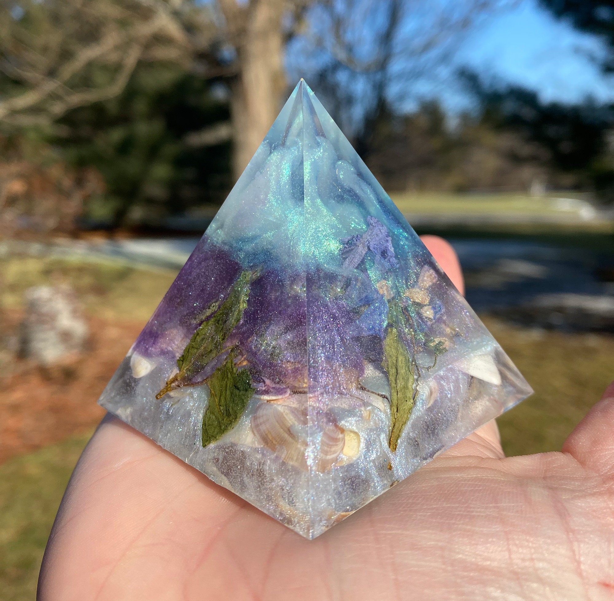 Resin Pyramid With Real Seashells and Real Flowers Pearly Pastel Blue ...