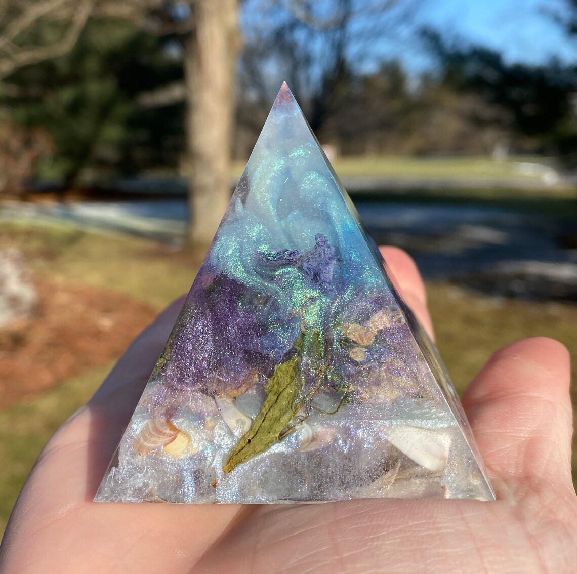 Resin Pyramid With Real Seashells and Real Flowers Pearly Pastel Blue ...