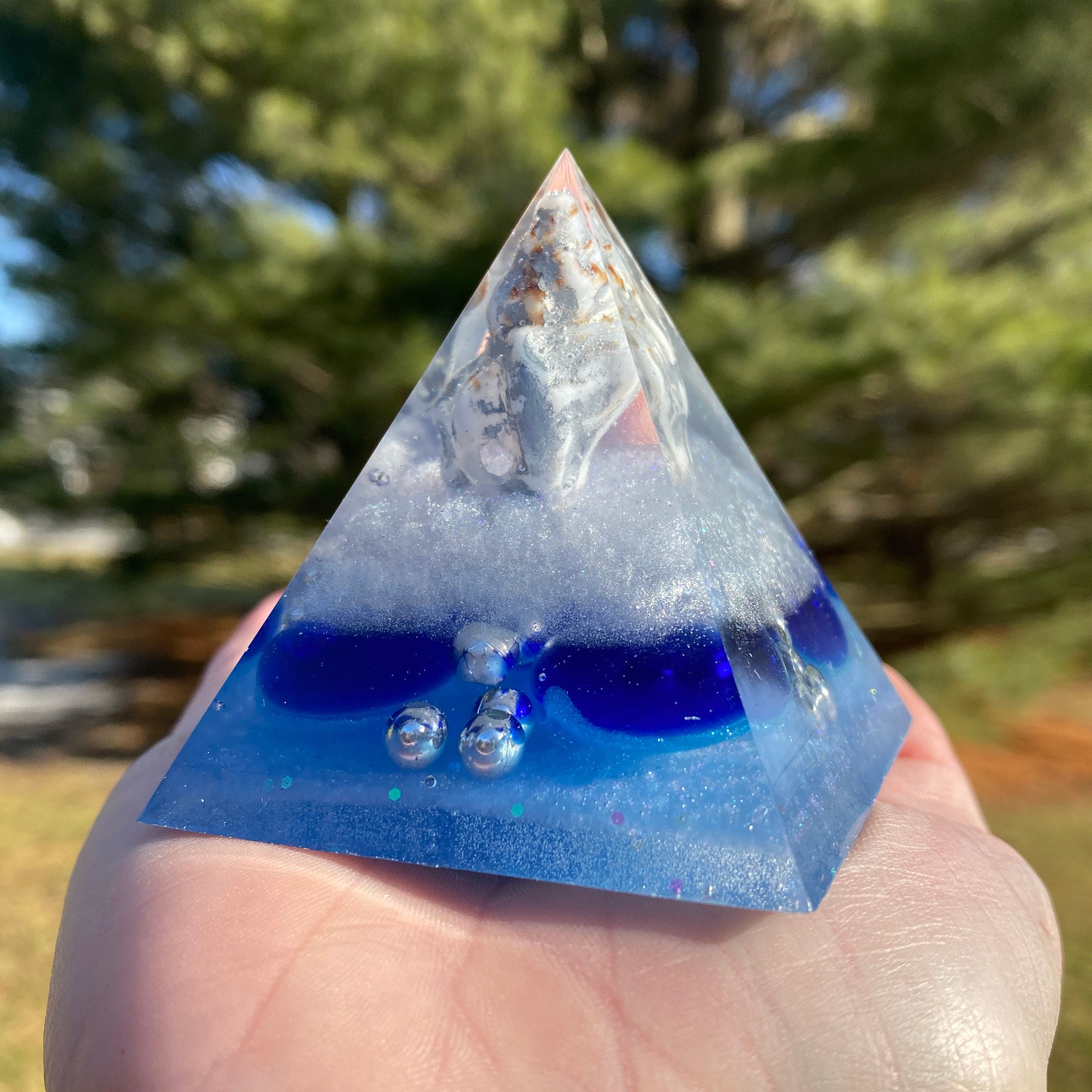 Seashell Pooping Silver Balls on Blue Clouds, Resin Pyramid - Etsy