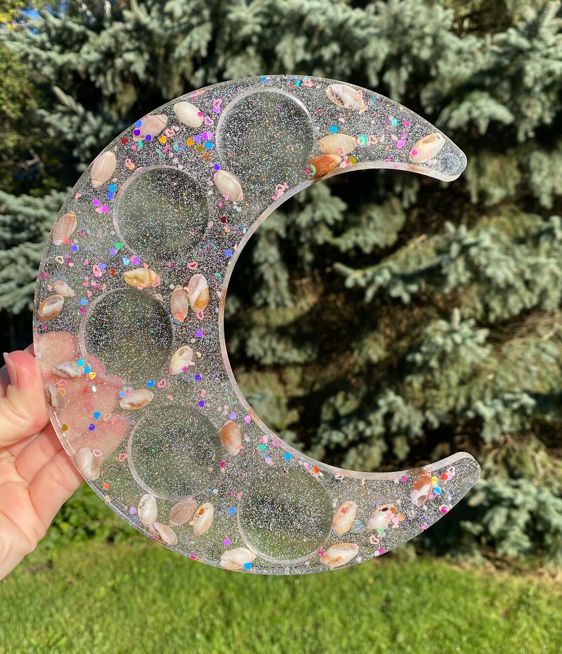 Crescent Moon 5 Candle Holder, Seashells and Sequins - Etsy