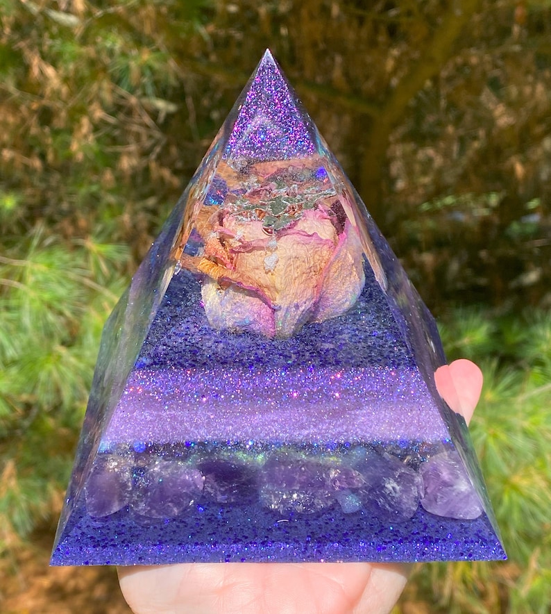 Giant Purple Resin Pyramid With Real Dried Rose and Amethyst - Etsy