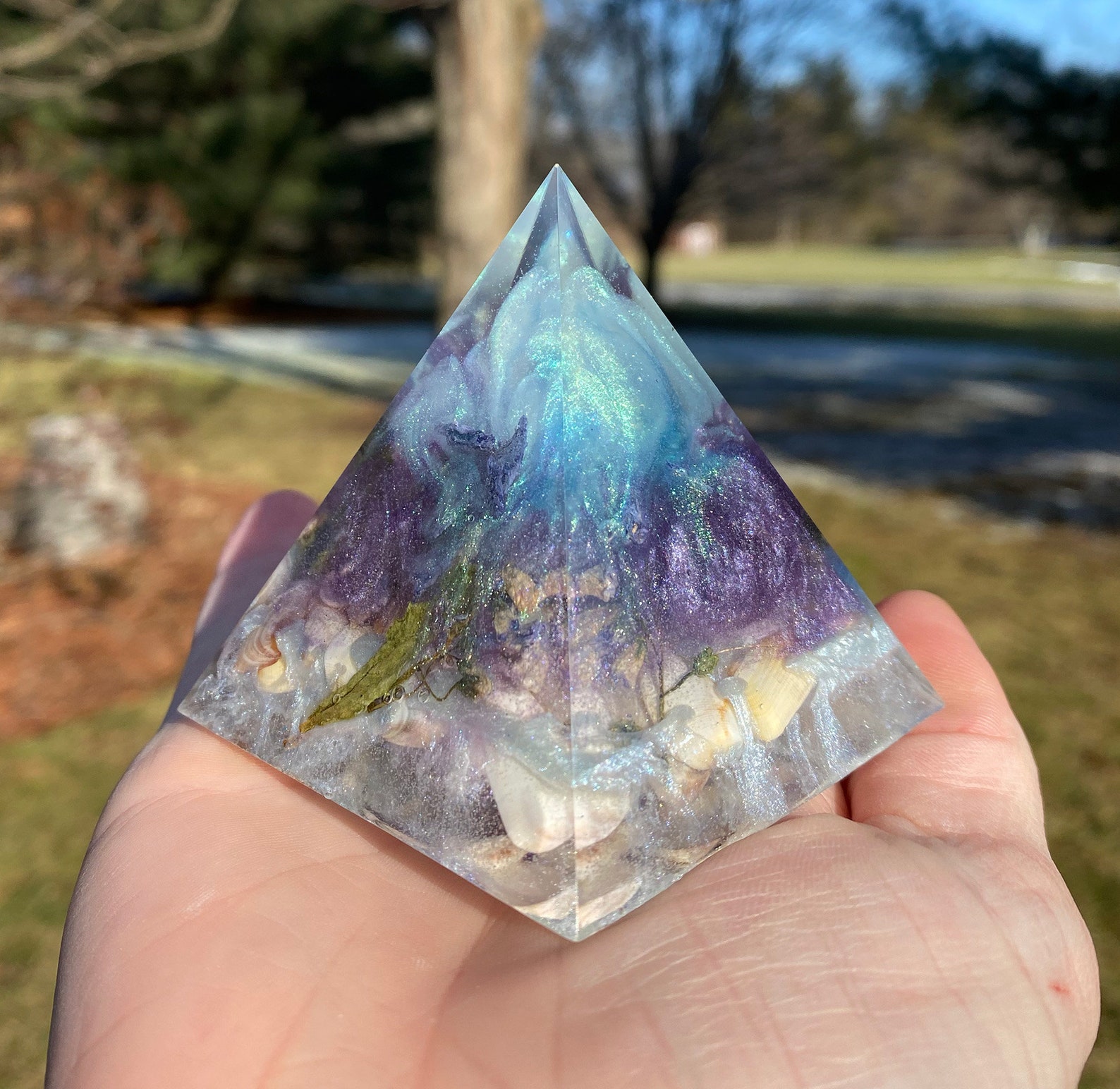 Resin Pyramid With Real Seashells and Real Flowers Pearly Pastel Blue ...