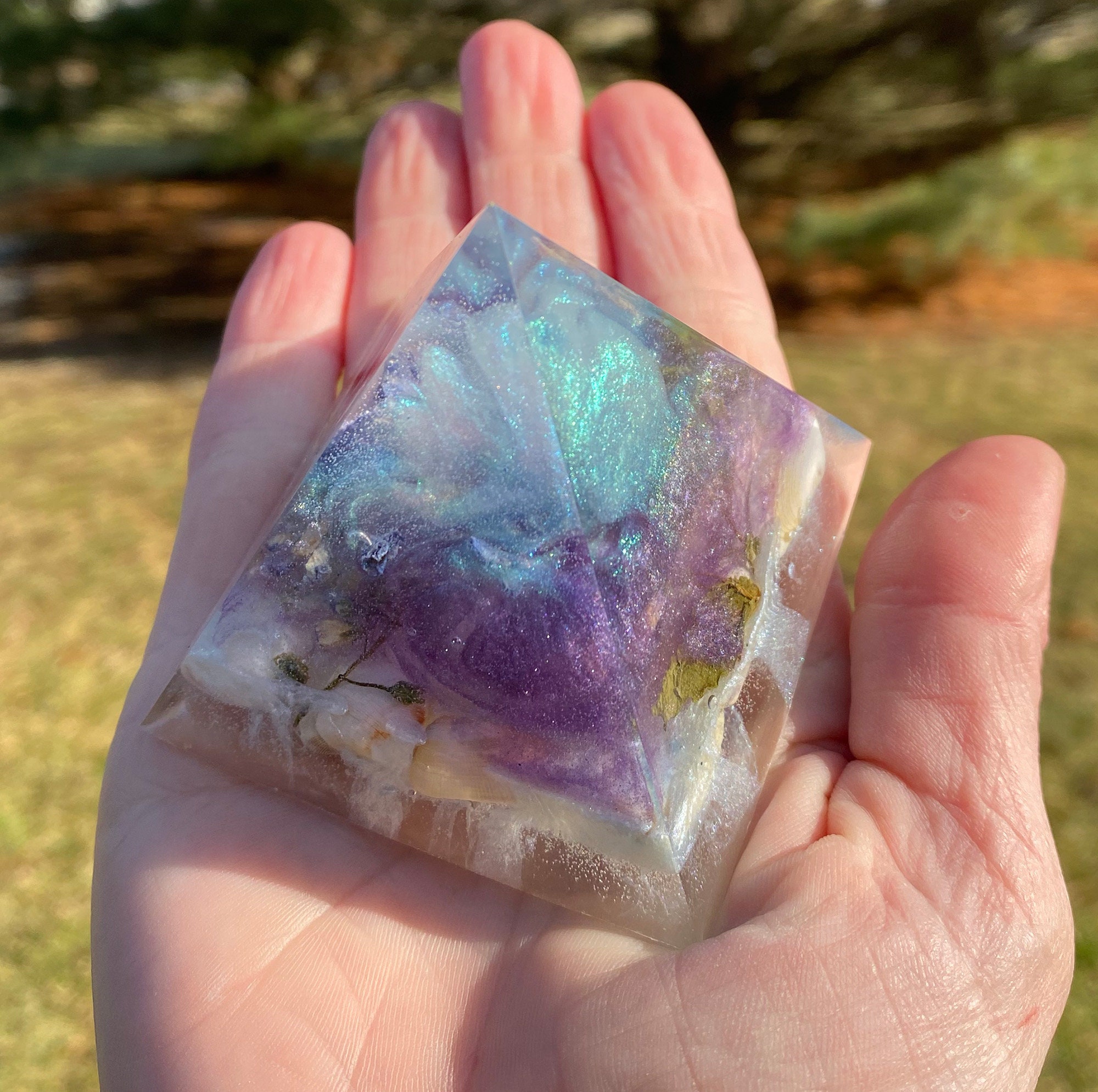 Resin Pyramid With Real Seashells and Real Flowers Pearly Pastel Blue ...