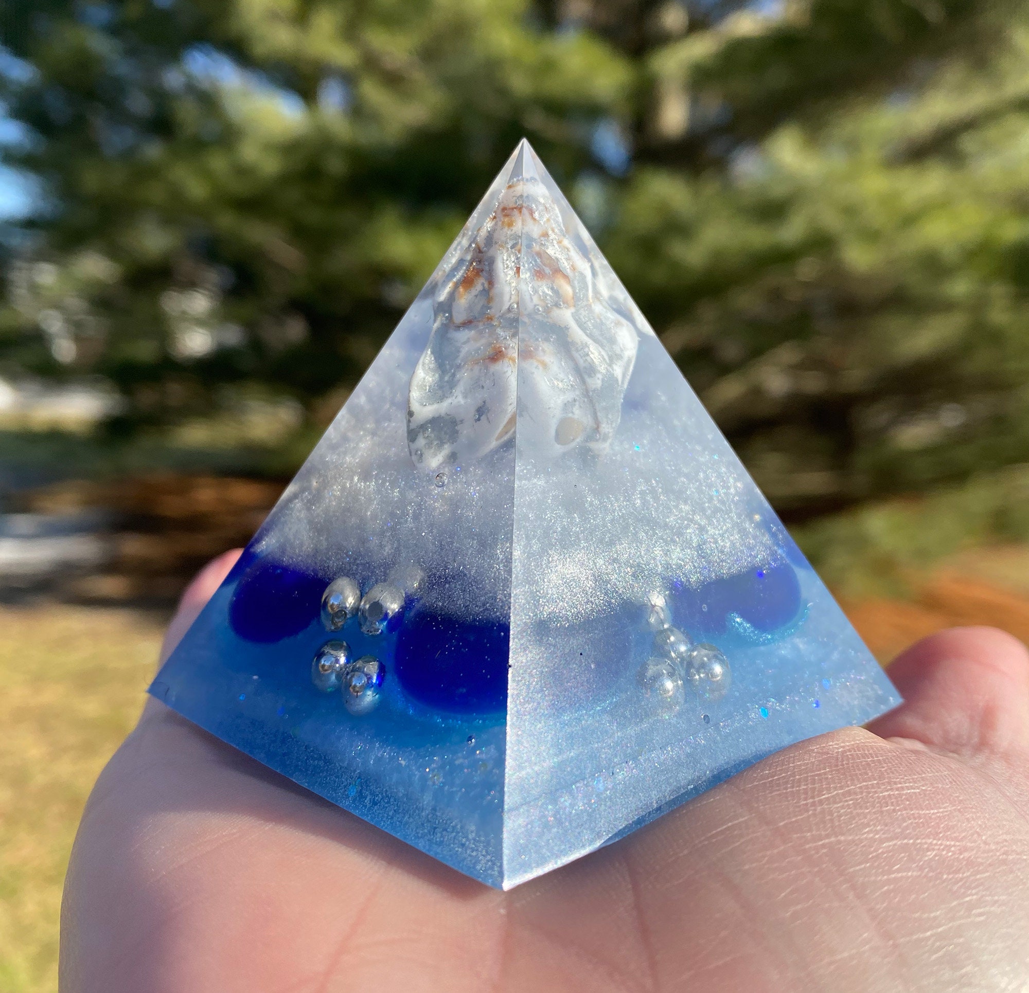 Seashell Pooping Silver Balls on Blue Clouds, Resin Pyramid - Etsy