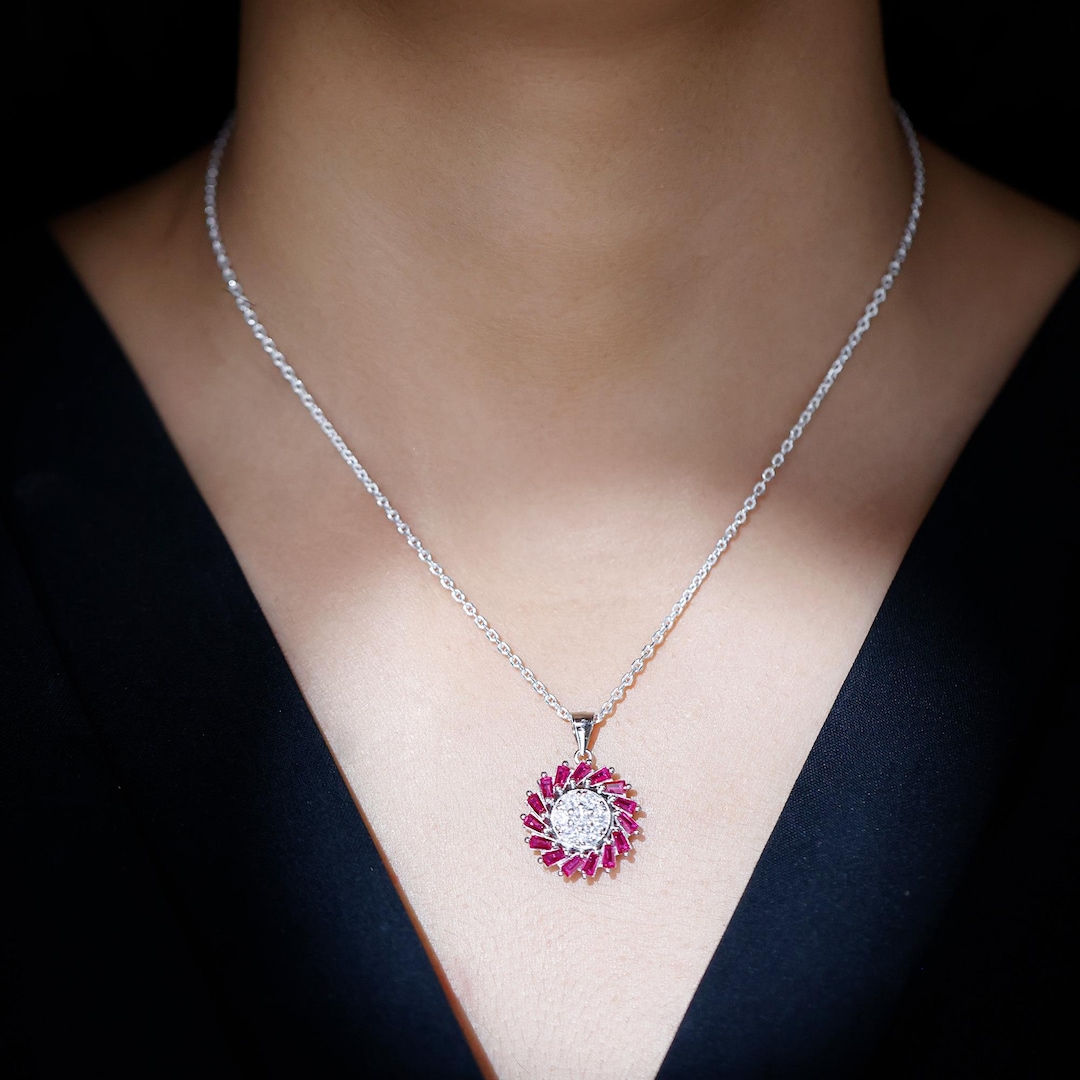 Ruby Halo Pendant Necklace for Women, Certified Lab Grown Ruby Diamond ...