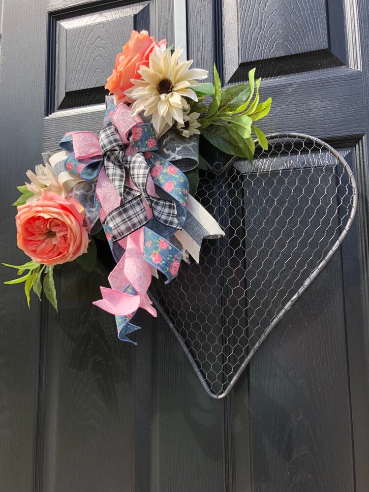 Heart Shaped Chicken Wire Door Hanger Floral Door Hanger | Etsy