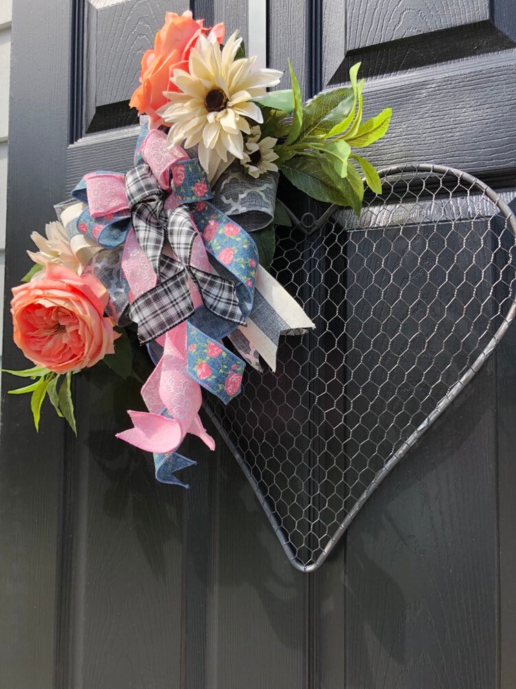 Heart Shaped Chicken Wire Door Hanger Floral Door Hanger | Etsy