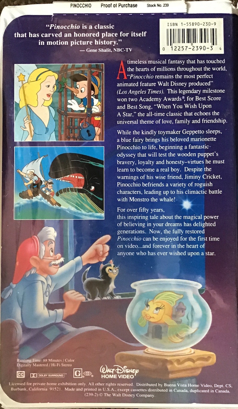 Walt Disney's Masterpiece Collection Pinocchio VHS Vintage Original ...