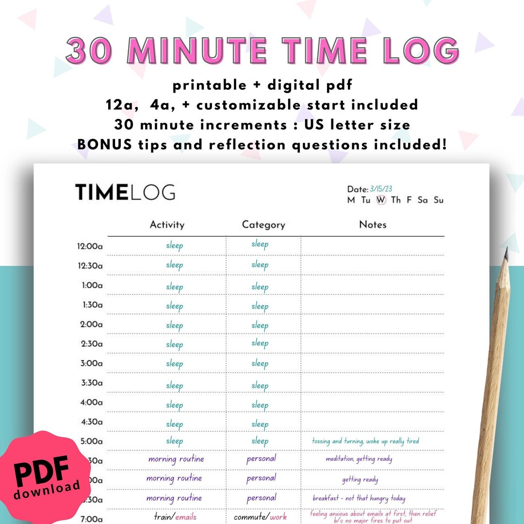 Half Hour Daily Time Log/time Tracker for Improving Time Management ...