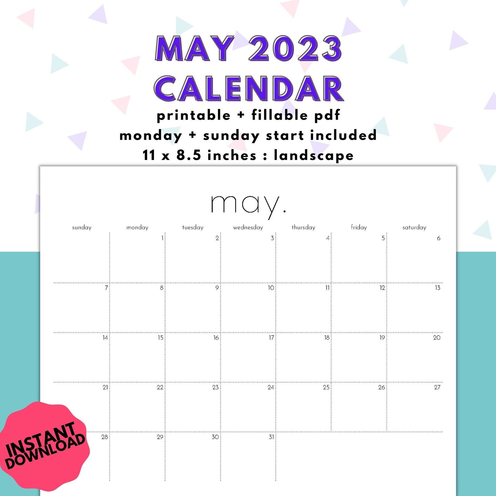 May 2023 Printable Digital Fillable Calendar With Sunday & - Etsy