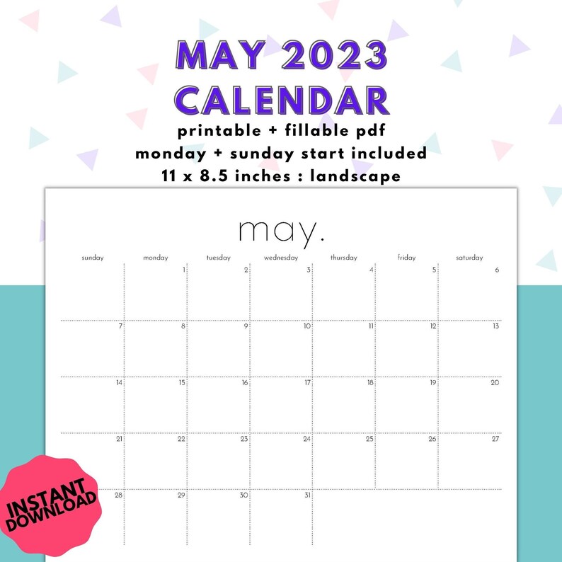 May 2023 Printable Digital Fillable Calendar With Sunday & - Etsy
