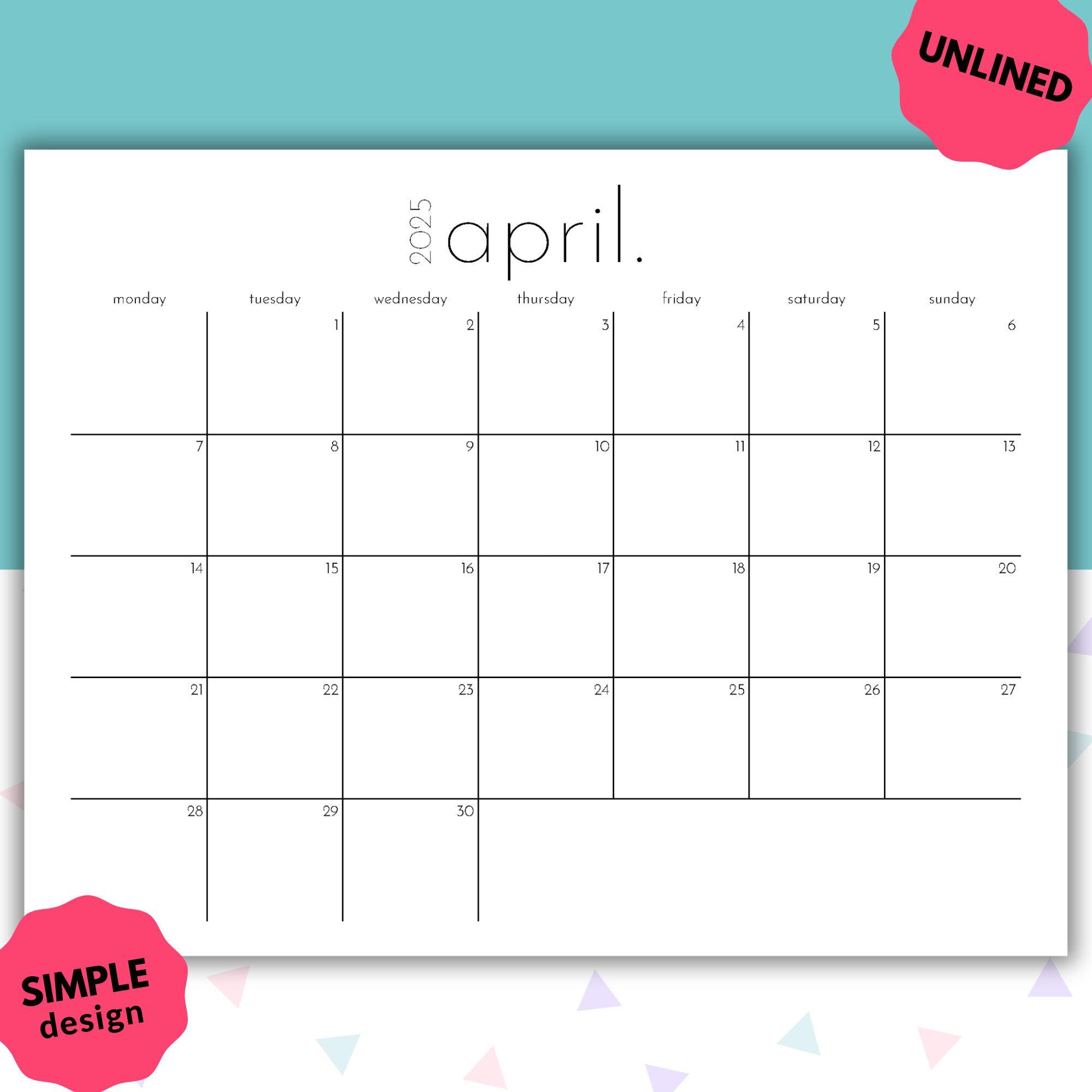 April 2025 Calendar, Digital Printable Fillable With Sunday & Monday ...