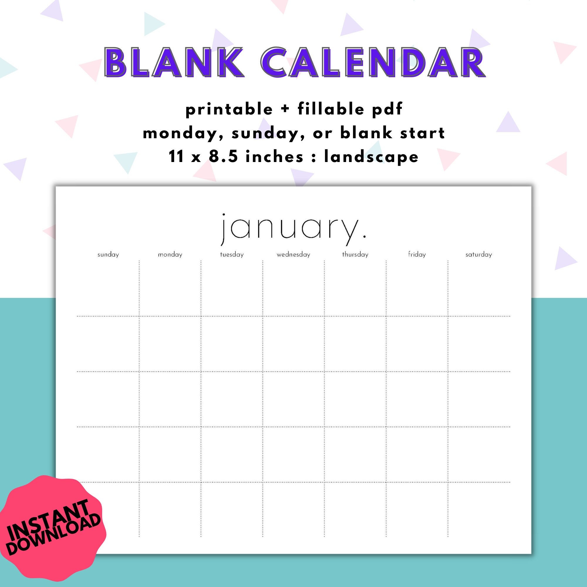 Printable & Fillable Perpetual Blank Calendar, Simple Undated Monthly ...