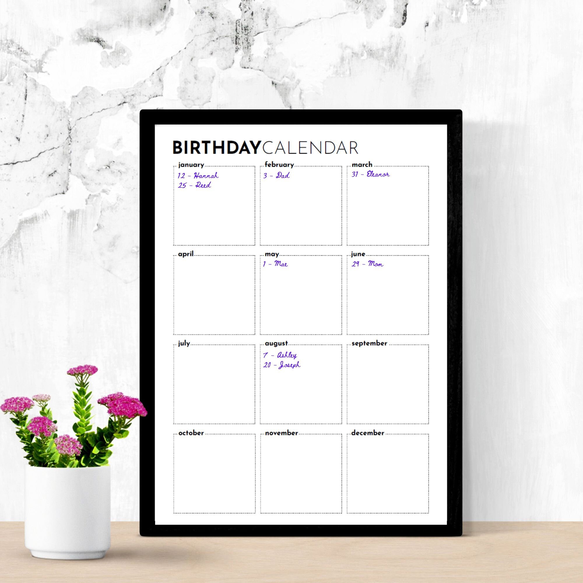 Birthday Tracker Printable, Fillable Birthday Calendar, Perpetual ...