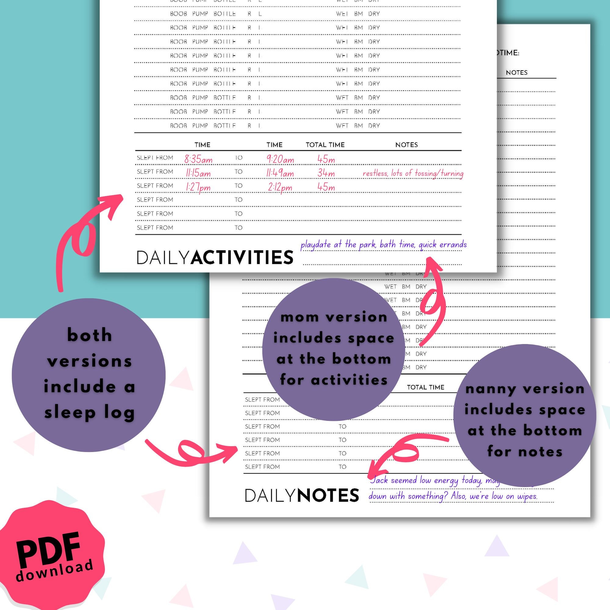 Baby Feeding, Diaper, and Sleep Log for Parents, Nanny, Babysitter, and ...