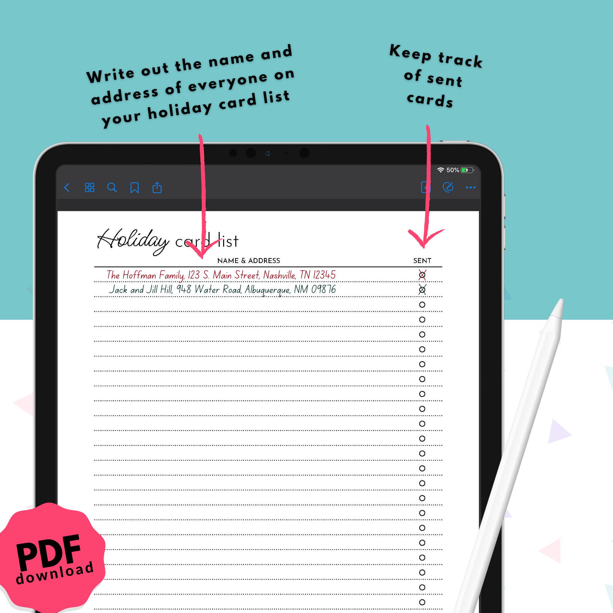 Simple Christmas/holiday Card Tracker Printable, Christmas Card ...