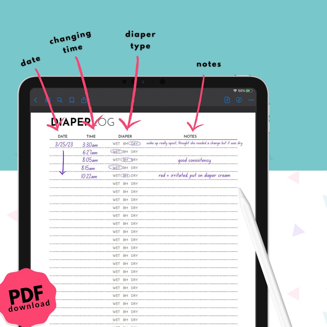 Baby Diaper Changing Log, Printable Infant Diaper Tracker for Parents ...